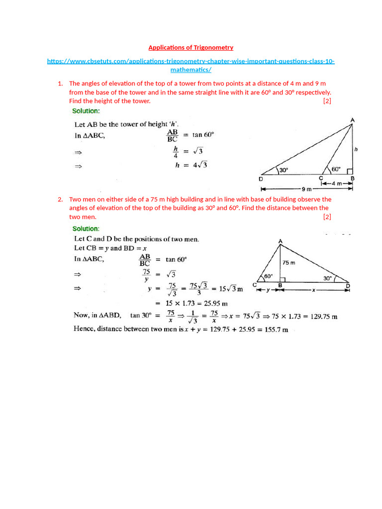 Applications of Trigonometry-Ans | PDF | Ladder | Height
