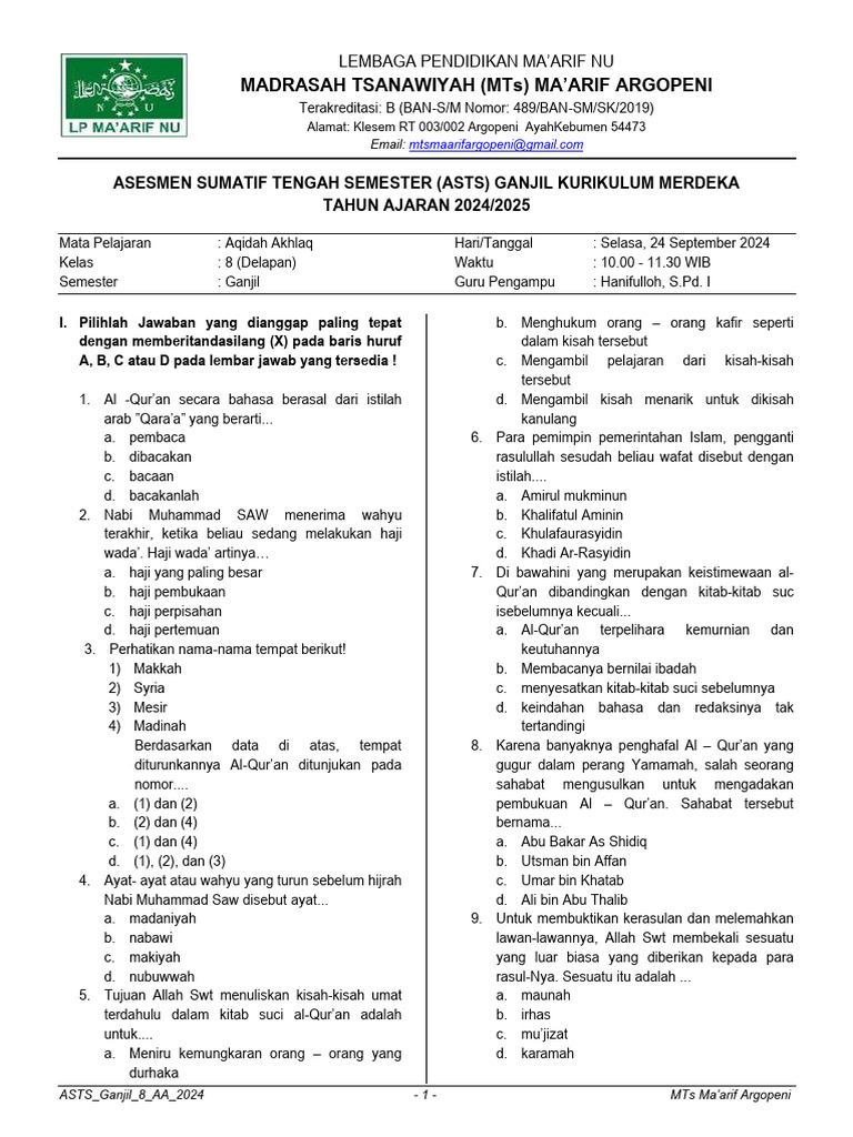Soal AA ASTS Ganjil 2024 - 2025 | PDF