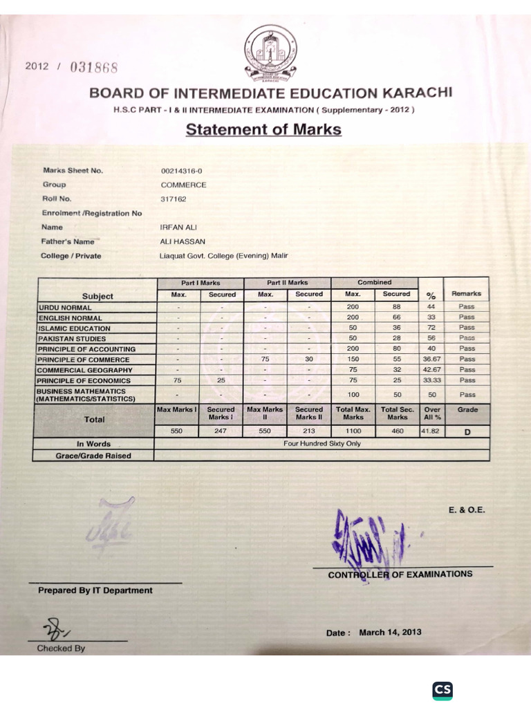 Intermediate Marks 2nd year | PDF