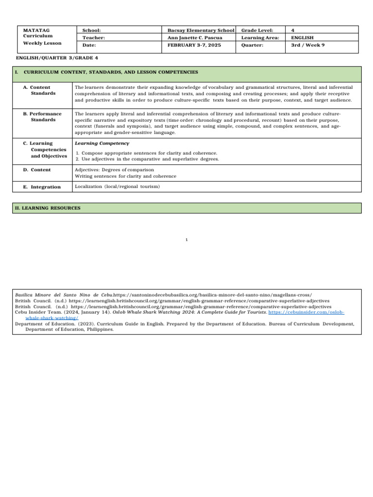 Eng 4 Dll q3 Week 8 | PDF | Teachers | Learning
