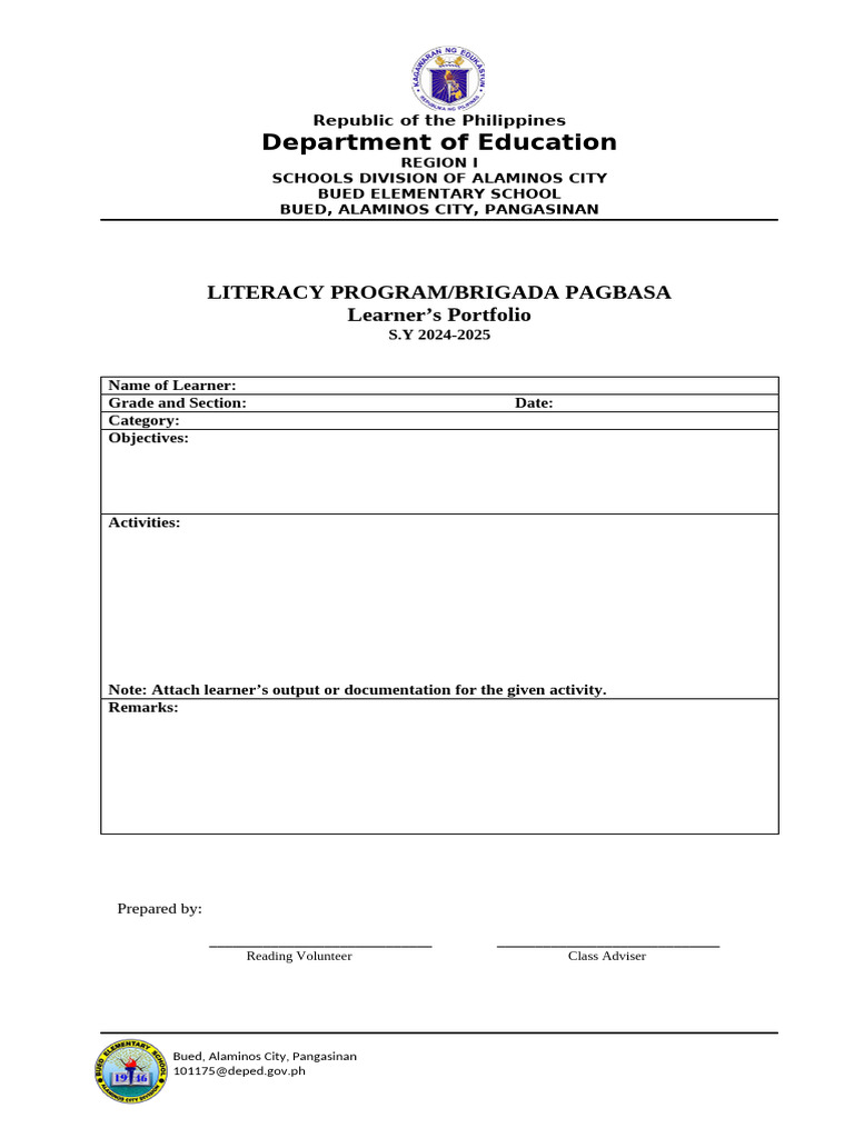 Brigada Pagbasa Learners Portfolio | PDF