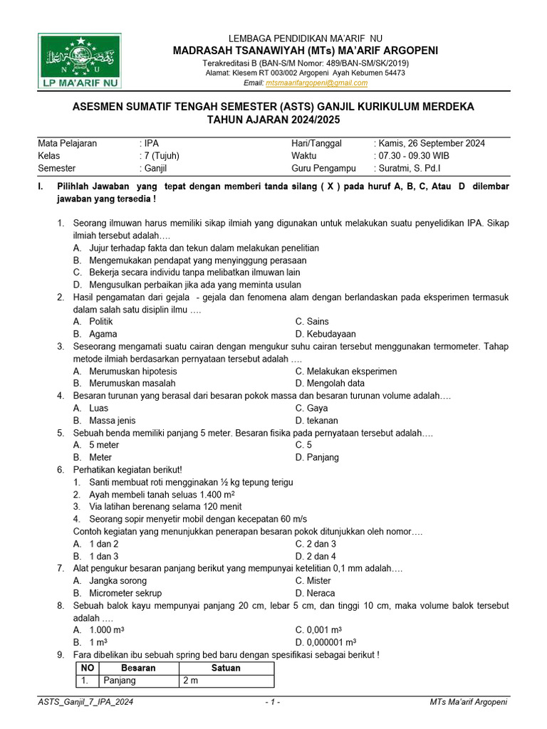 Soal IPA ASTS Ganjil 2024 - 2025 | PDF