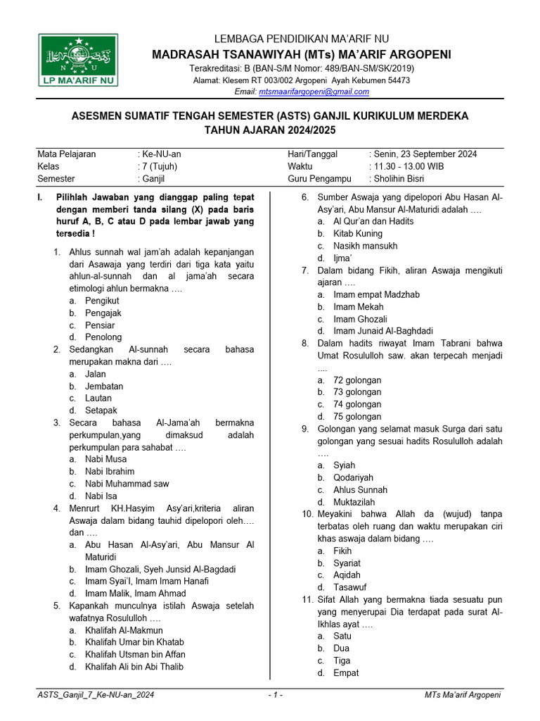 7. Soal Ke-NU-an ASTS Ganjil 2024_2025 | PDF