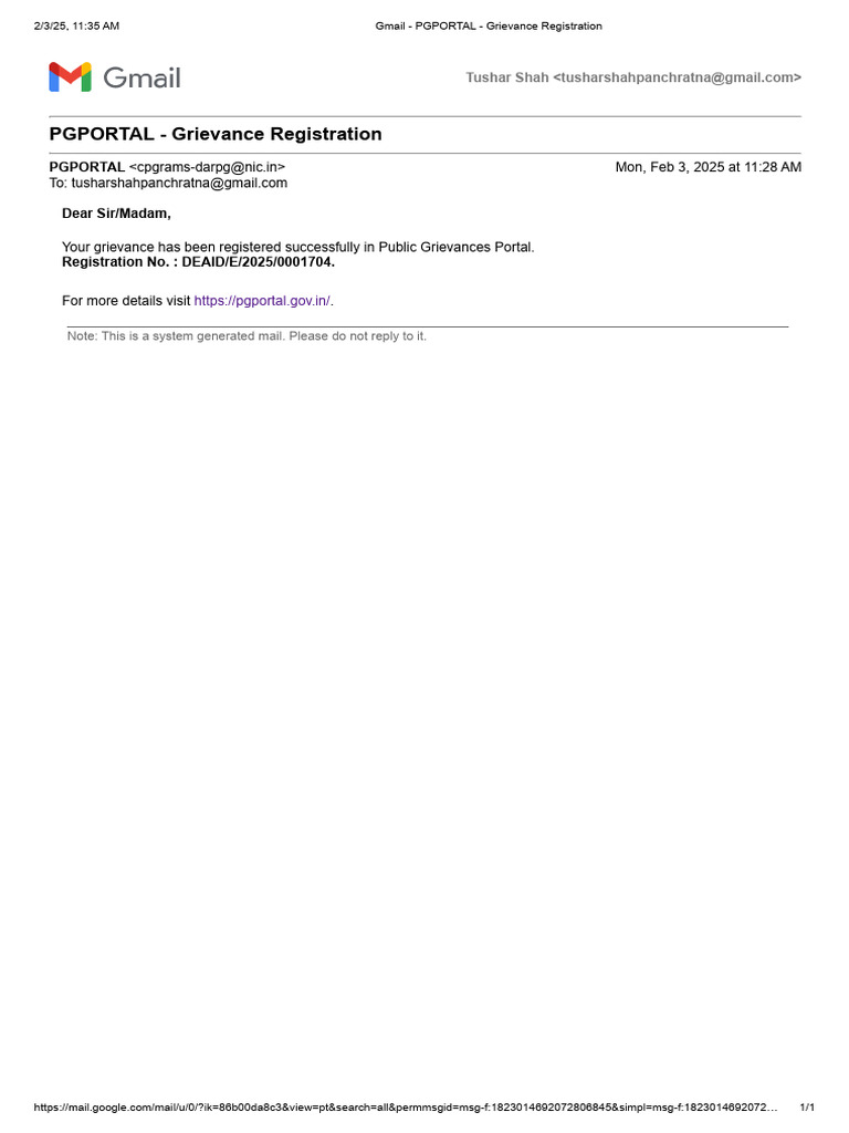 Gmail - PGPORTAL - Grievance Registration | PDF