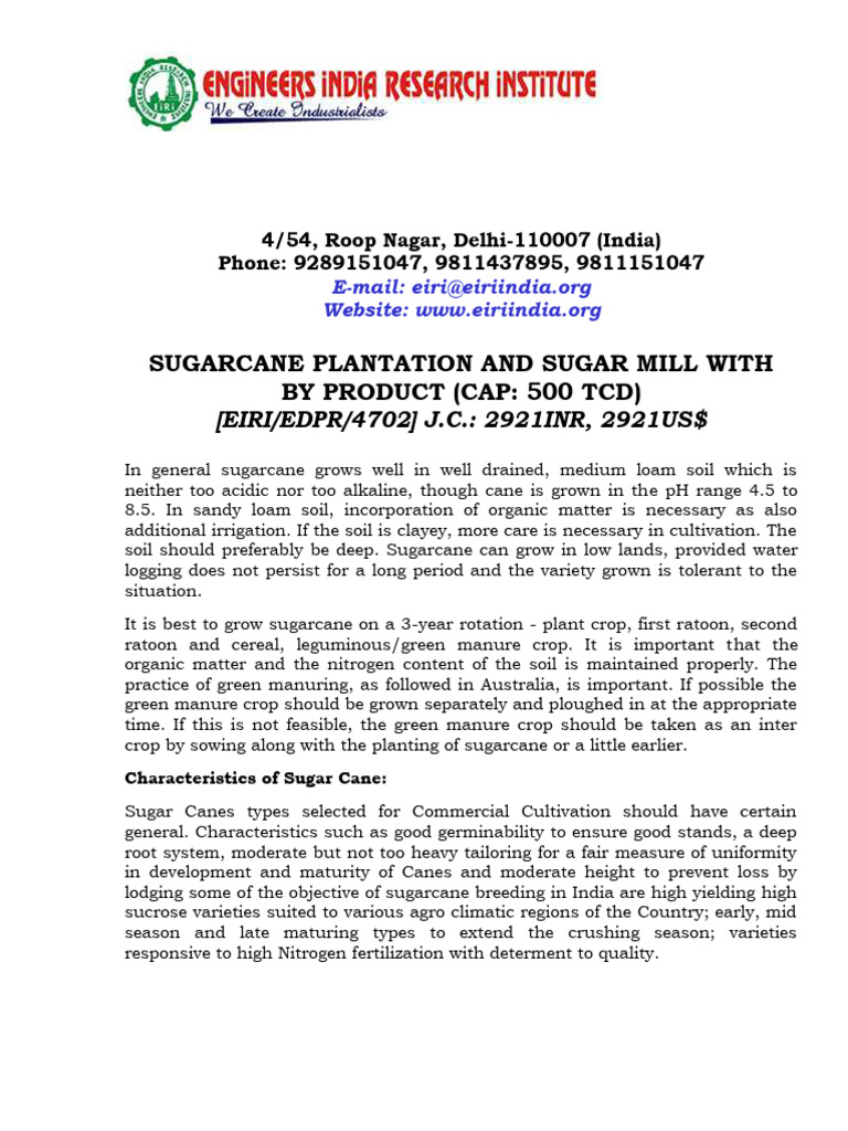 500 TCD Sugarcane Plant Project Report | PDF | Sugarcane | Sugar