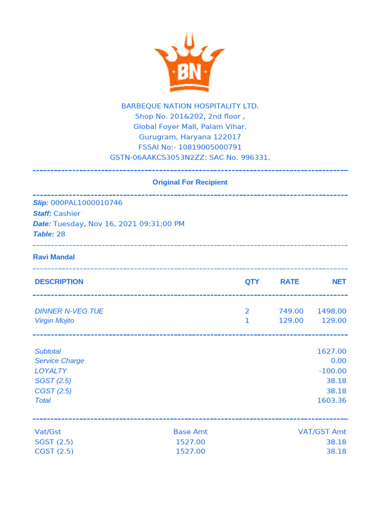 Barbeque Nation Bill with GST Details | PDF