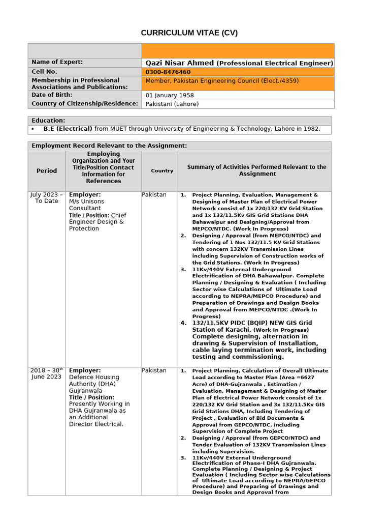 Cv' Qazi Nisar Ahmed Updated 2023 for ADB | PDF | Electrical Grid ...