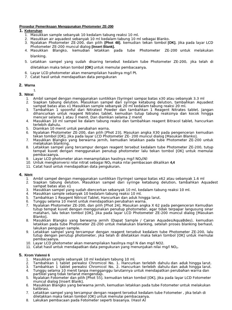 Prosedur Photometer ZE-200 | PDF