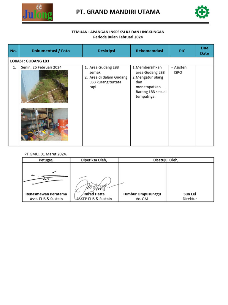 Hasil Inspeksi Lingkungan Februari 2024 | PDF