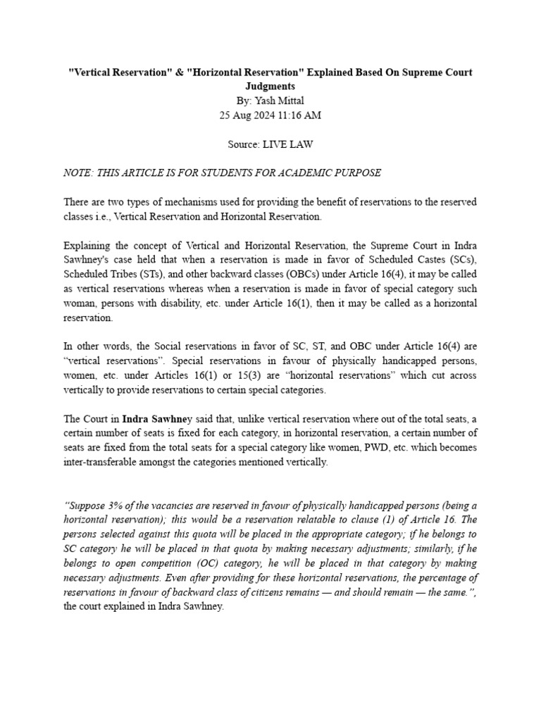 Understanding Vertical and Horizontal Reservation | PDF | Justice ...