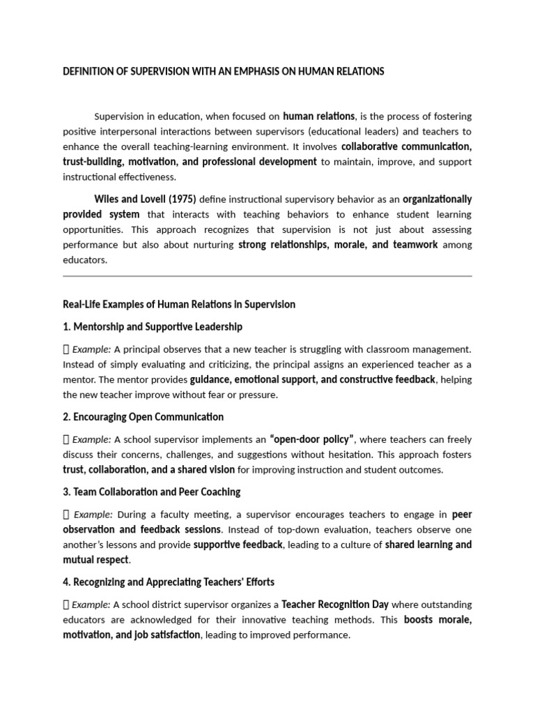Definition of Supervision With An Emphasis On Human Relations | PDF ...