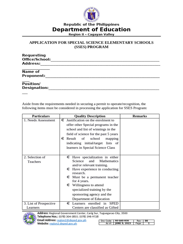 QAD F036 Application For SSES | PDF | Intelligence | Learning
