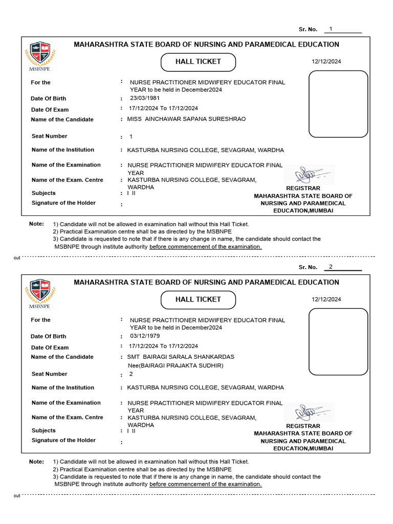 MSBNPE Nursing Hall Ticket 2024 | PDF | Educational Stages | Health ...