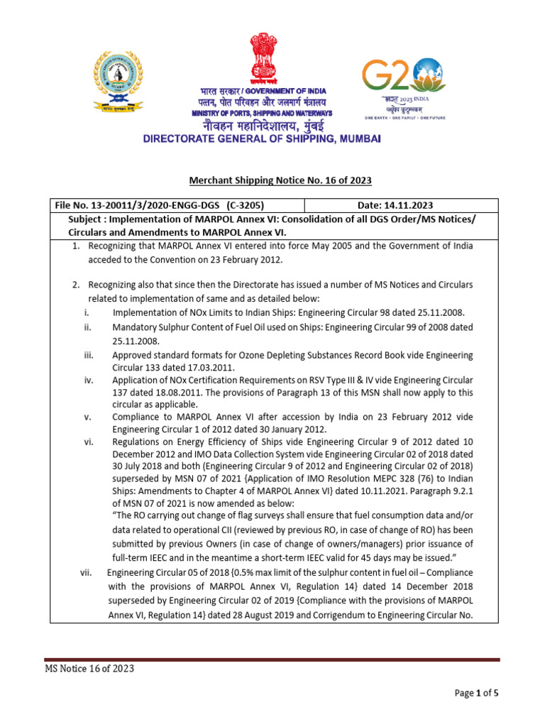 Implementation of MARPOL Annex VI Consolidation of all DGS OrderMS ...
