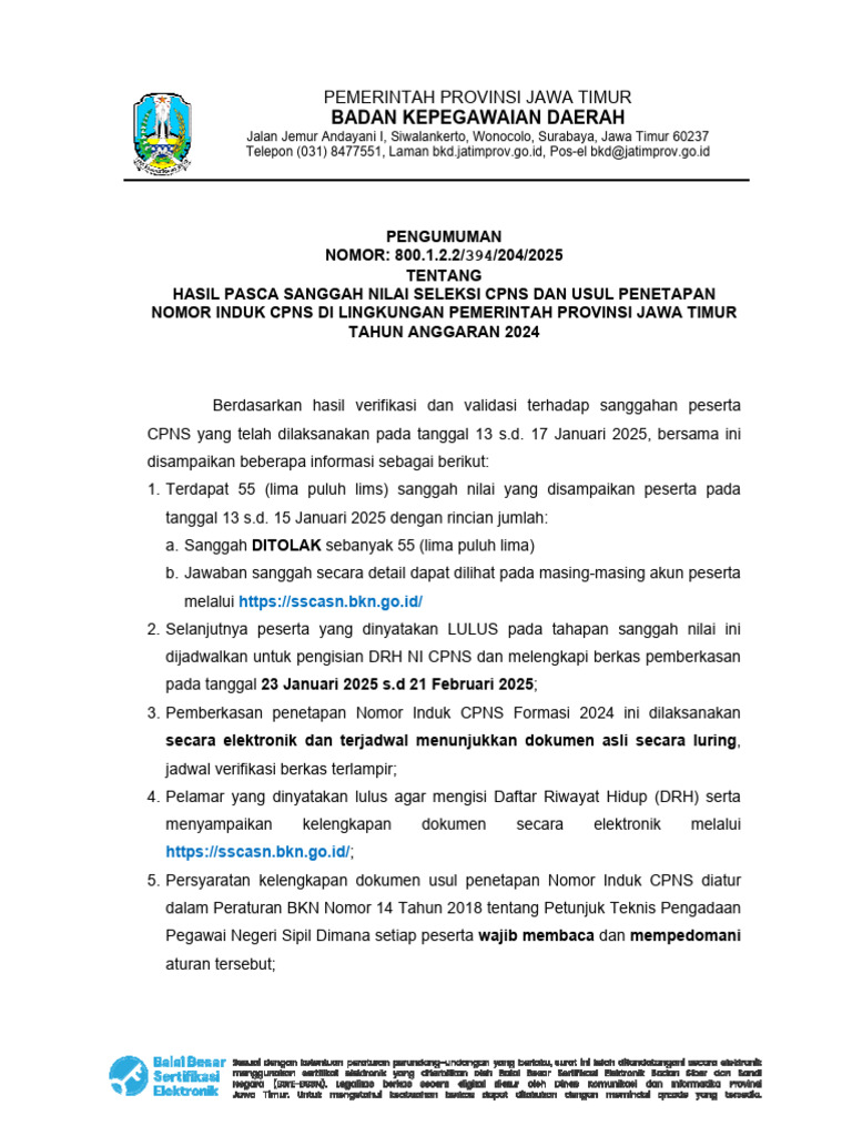 Pengumuman Pasca Sanggah Nilai Integrasi SKD & SKB Dan Pemberkasan CPNS Tahun 2024 - Sign | PDF