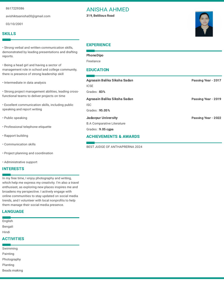 Anisha Ahmed: Skills Experience | PDF