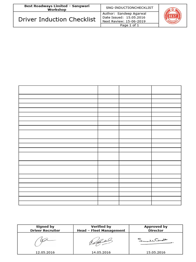 2.2.23 - Driver Induction Checklist - Best Roadways Limited | PDF