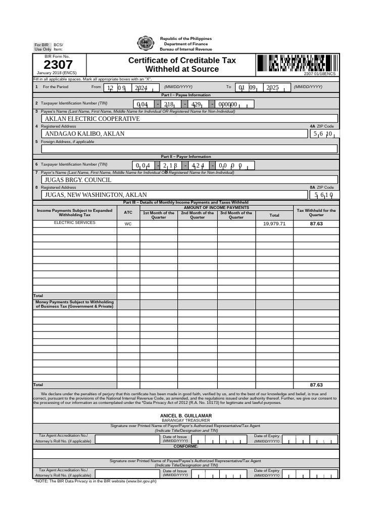 2307-AKELCO | PDF | Payments | Public Finance