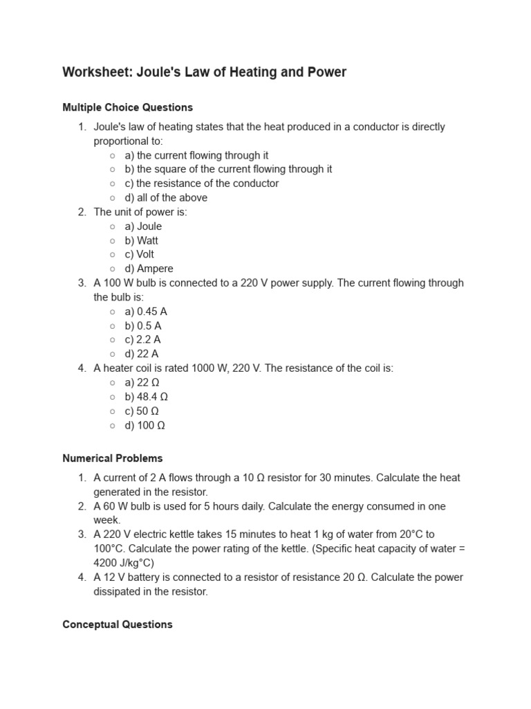 Worksheet- Joule's Law of Heating and Power | PDF | Resistor | Power ...