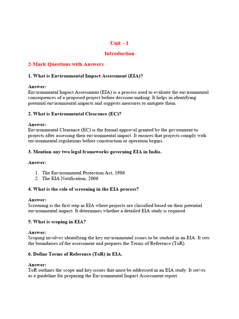 EIA- Unit 1- Introduction- 2 Marks | PDF