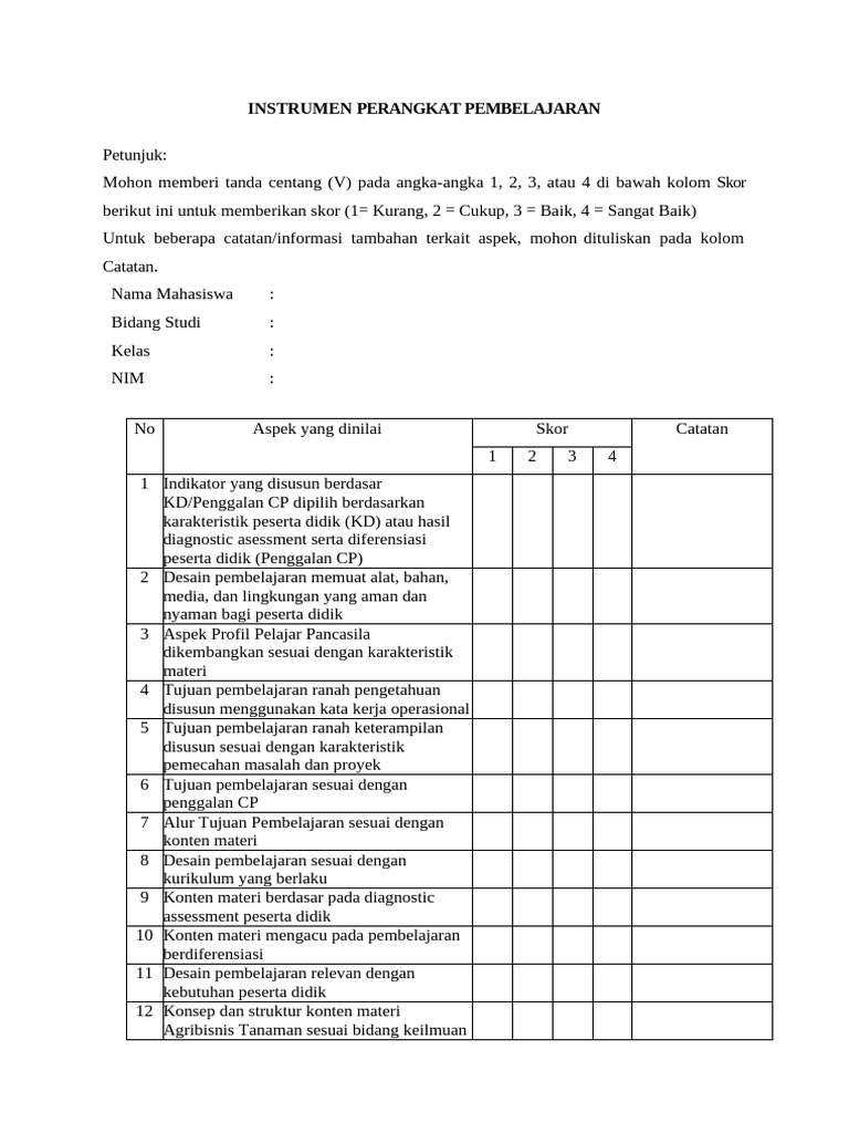 Agritan Instrumen Dan Tindak Lanjut Microteaching (Revisi) | PDF