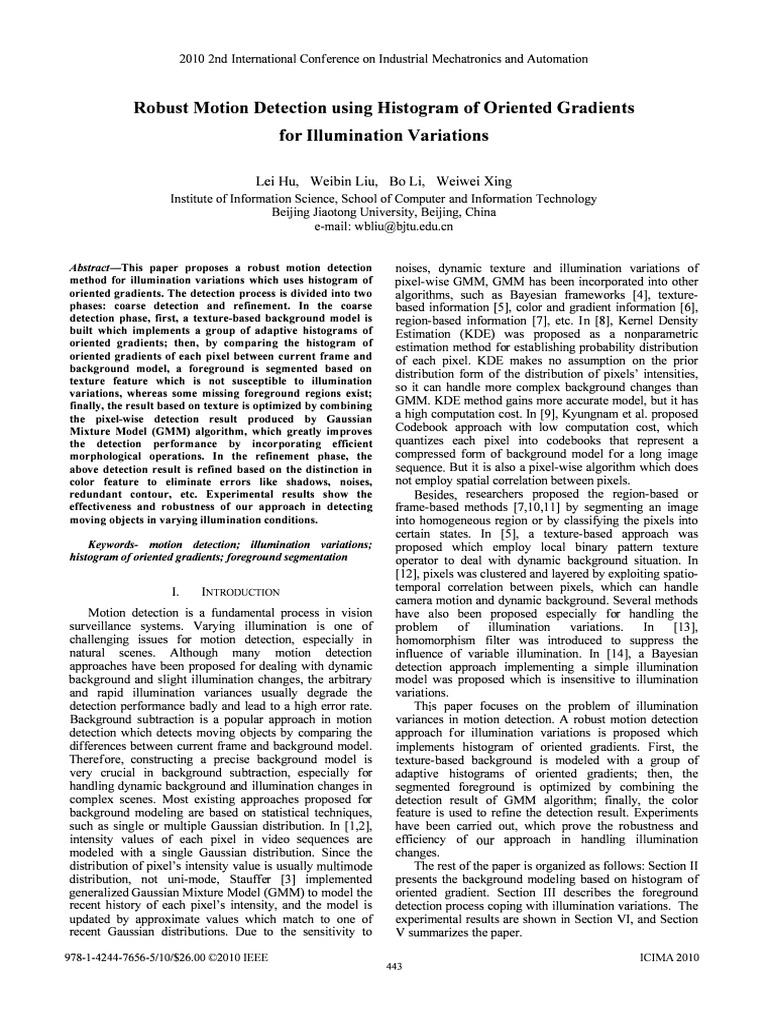 Robust Motion Detection Using Histogram Of Oriented Gradients For Illumination Variations Pdf