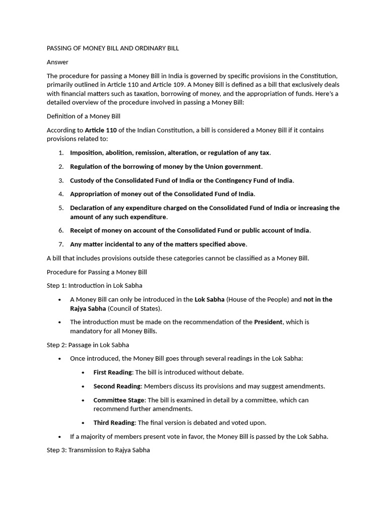 Money Bill and Ordinary Bill | PDF | Bill (Law) | Royal Assent