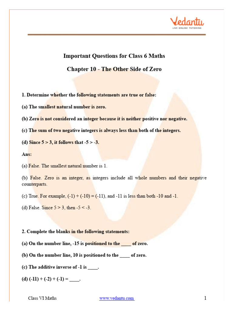 Important Questions For Class 6 Maths Chapter 10 - FREE PDF Download | PDF | Numbers | Integer