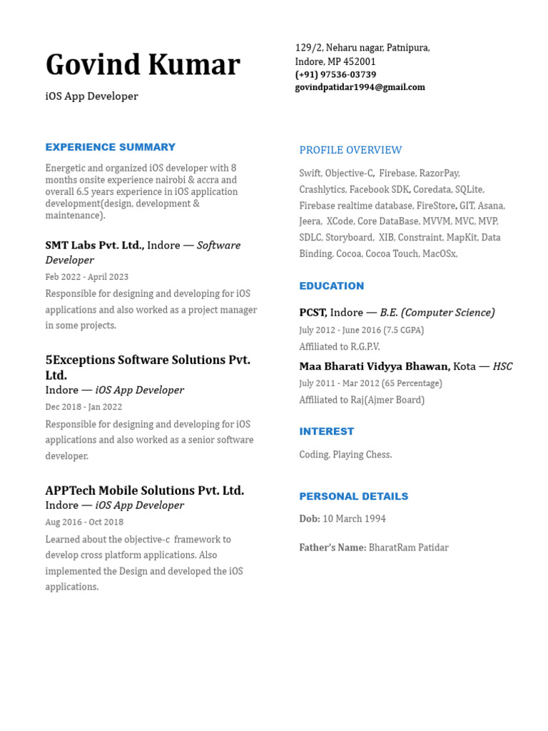 iOS Developer Profile: Govind Kumar | PDF | Xcode | Mobile App