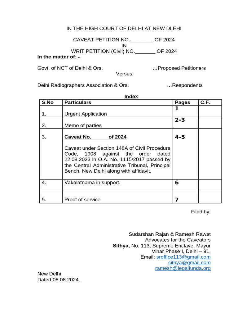 Delhi High Court Caveat Format | PDF | Affidavit | Judiciaries