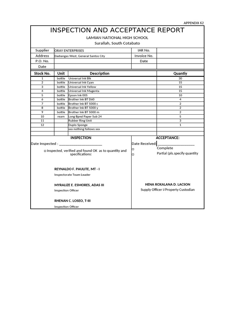 Inspection and Acceptance Reciept - January 2025-dfot | PDF