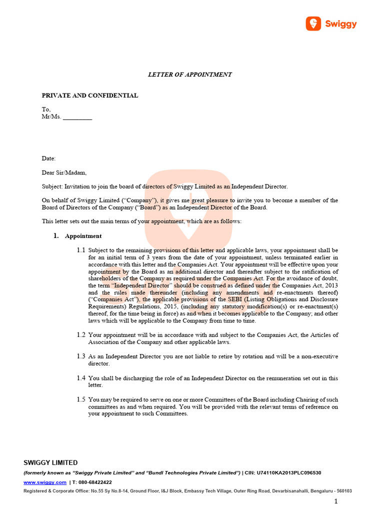 Terms of Appt of Ind Directors | PDF | Expense | Private Law