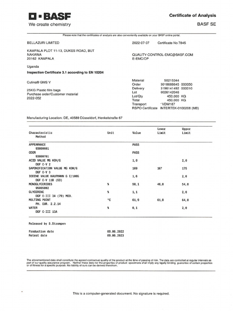 Cutina GMS COA | PDF