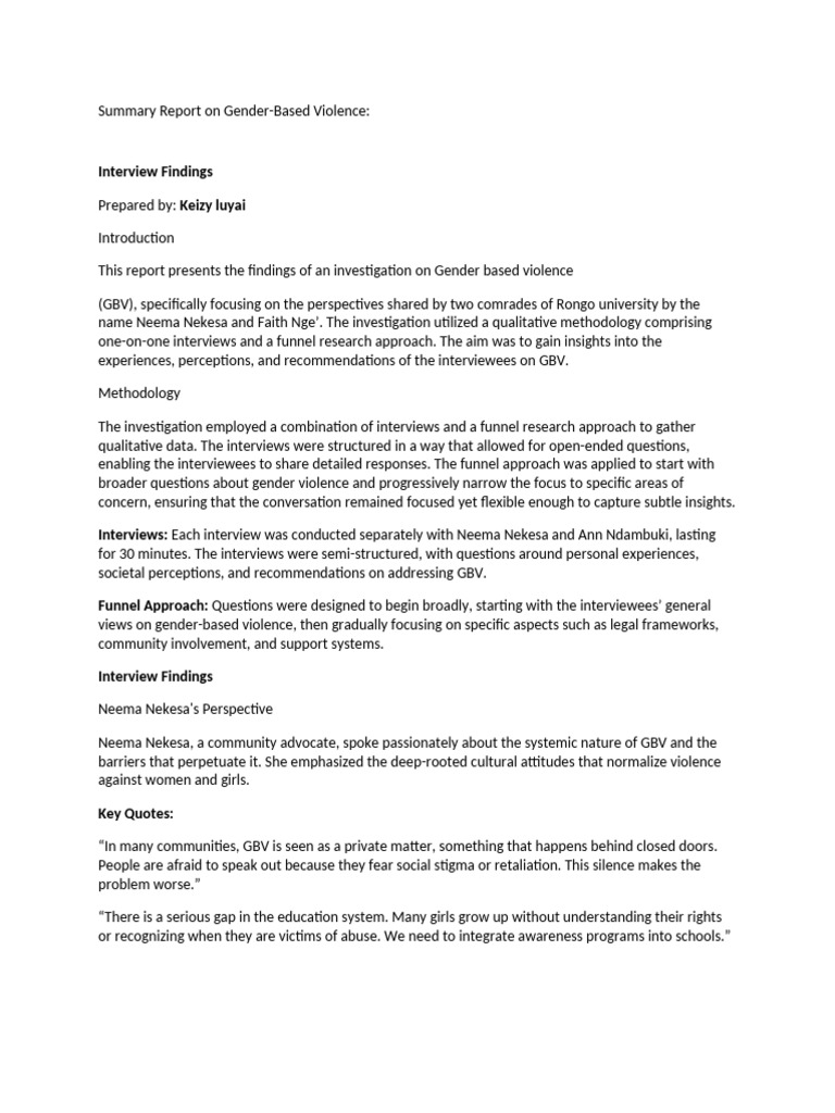 Summary Report On GBV Ij | PDF | Domestic Violence | Violence