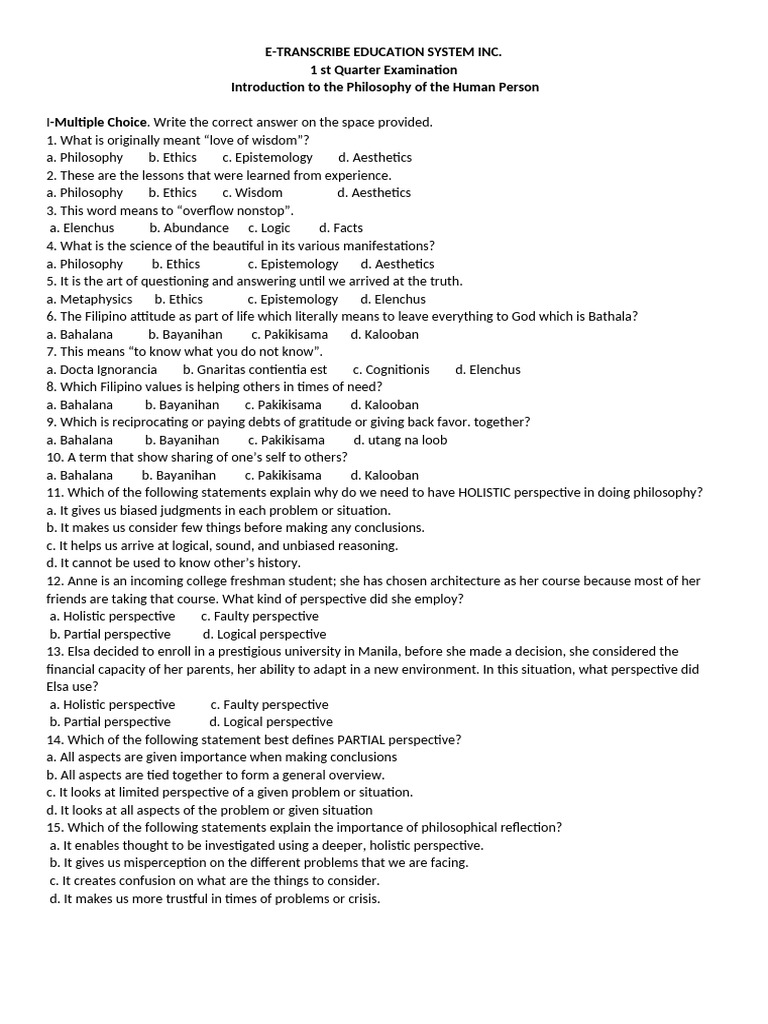Philosophy Exam: Multiple Choice & Essays | PDF | Socrates | Wisdom