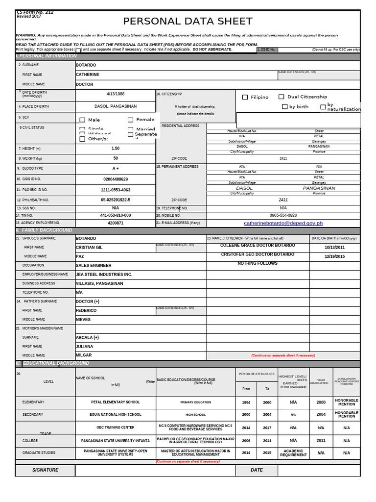 Personal Data Sheet Template | PDF | Government