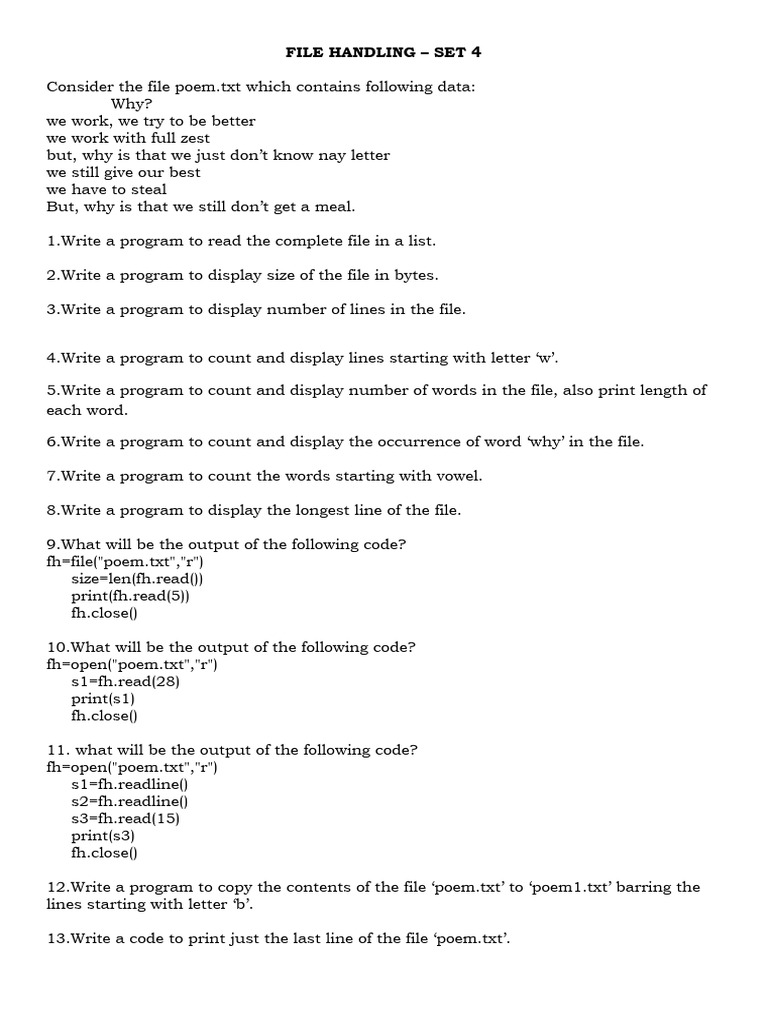File Handling - Worksheet - Set 4 - QP | PDF | Text File | Data