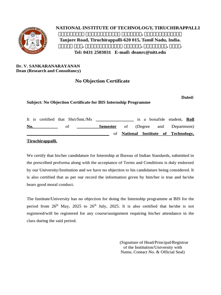 NOC for BIS Internship Program | PDF