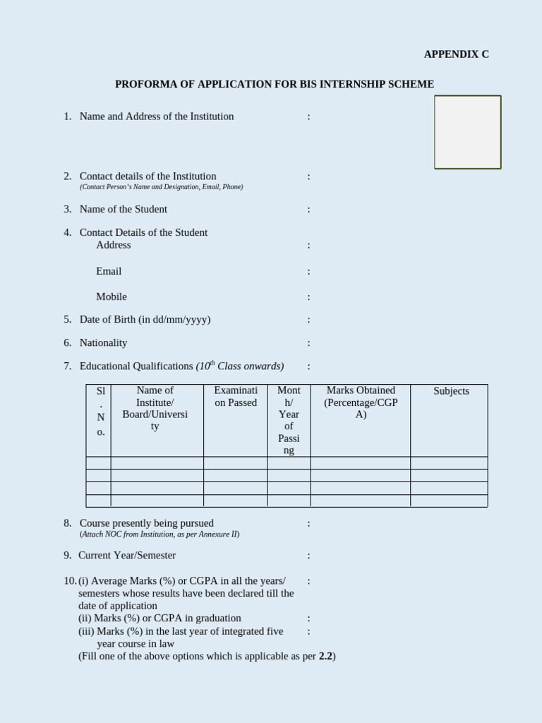Appendix C-proforma of Application for Bis Internship Scheme | PDF