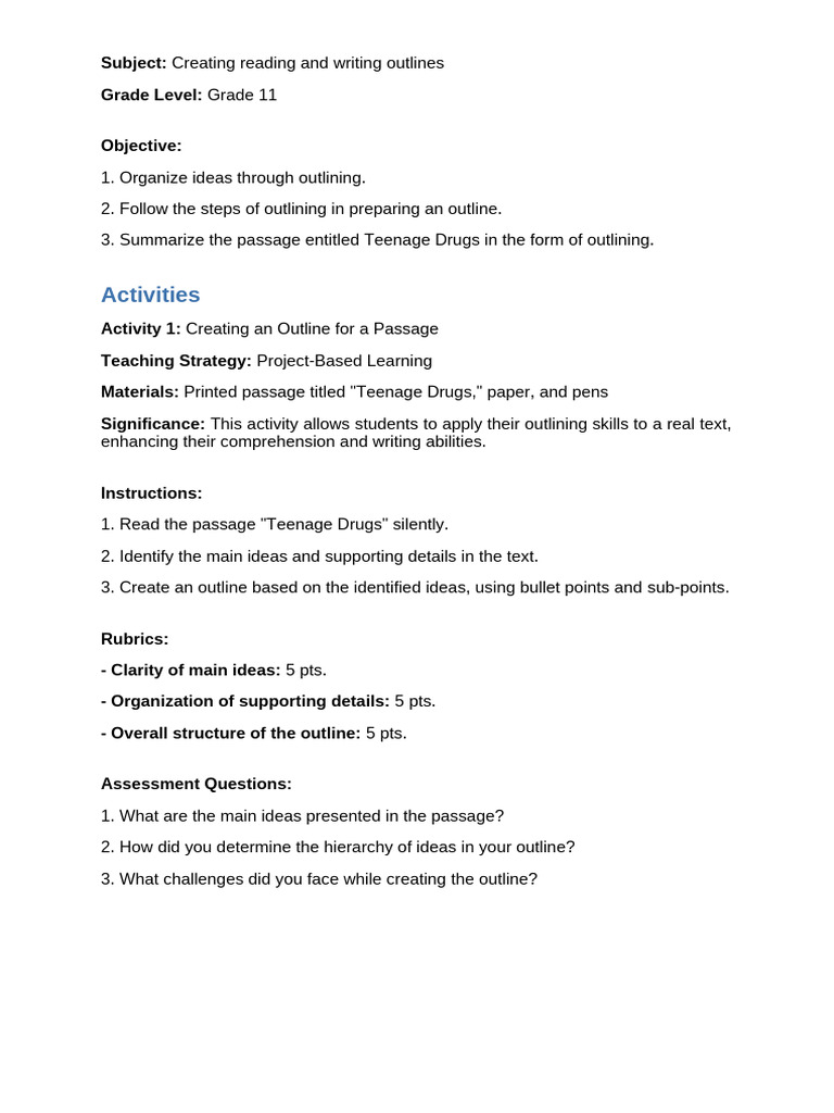 Creating Reading and Writing Outlines - Lesson - Plan | PDF | Reading ...