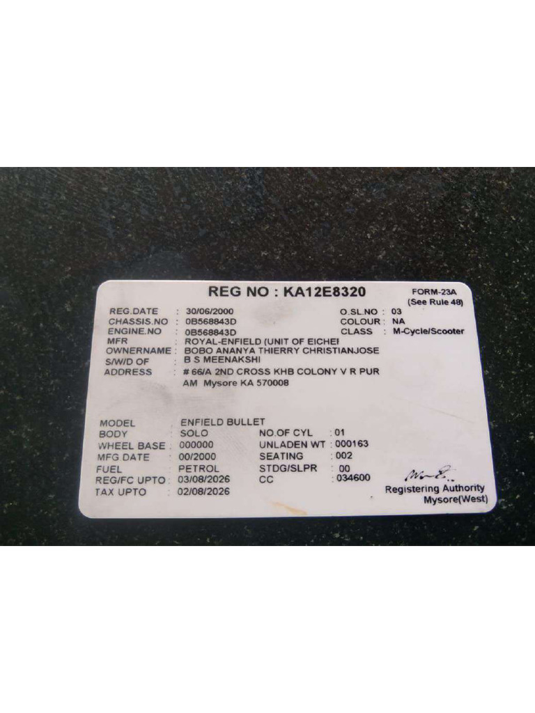 Karnataka State RC Card Sample | PDF