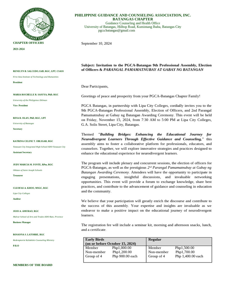 Letter of Invite - 9th PGCA Professional Assembly | PDF