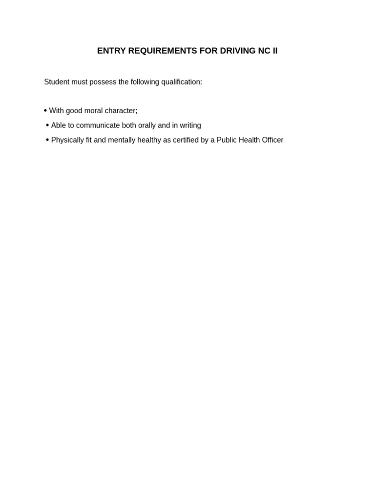 Entry Requirements For Driving NC Ii | PDF