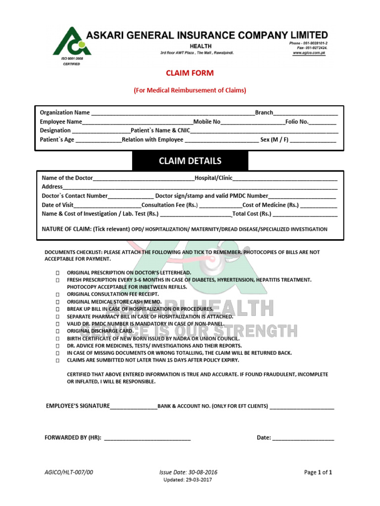 Claim Form (Askari Health) | PDF | Public Services | Medicine