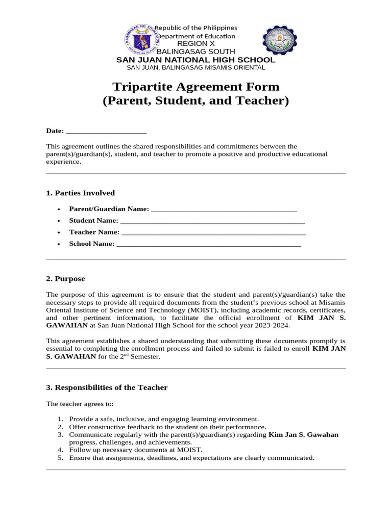 Tripartite Agreement Form | PDF | Teachers | Human Communication