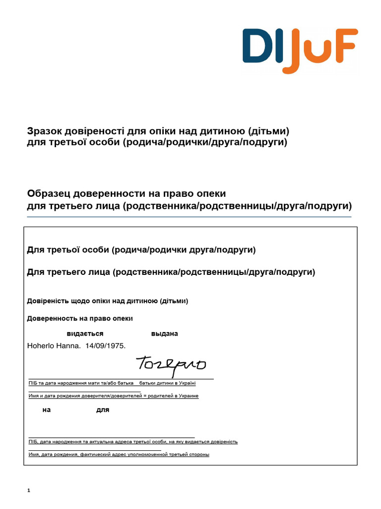 Sorgerechtsvollmacht Muster Dritte Person DIJuF 2022-06-02 | PDF