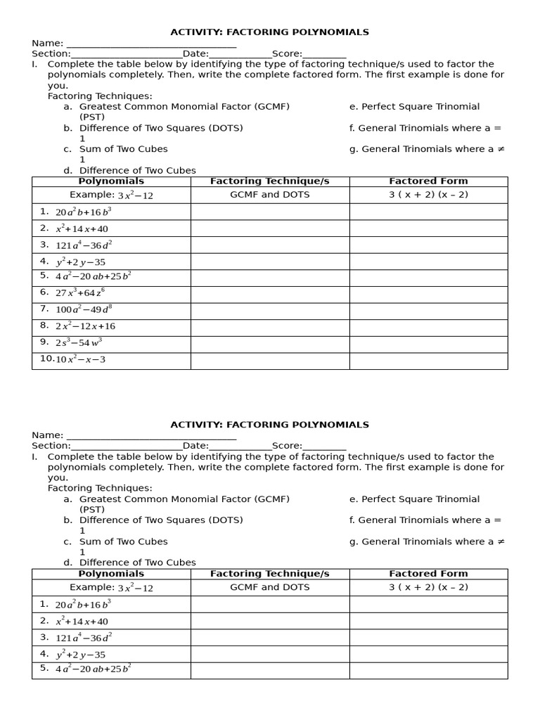 Activity Mixed Factoring | PDF