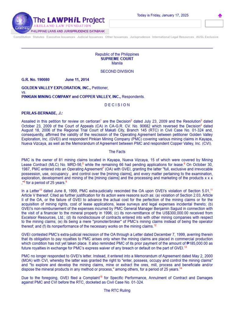 G.R. No. 190080 | PDF | Mineral Rights | Breach Of Contract