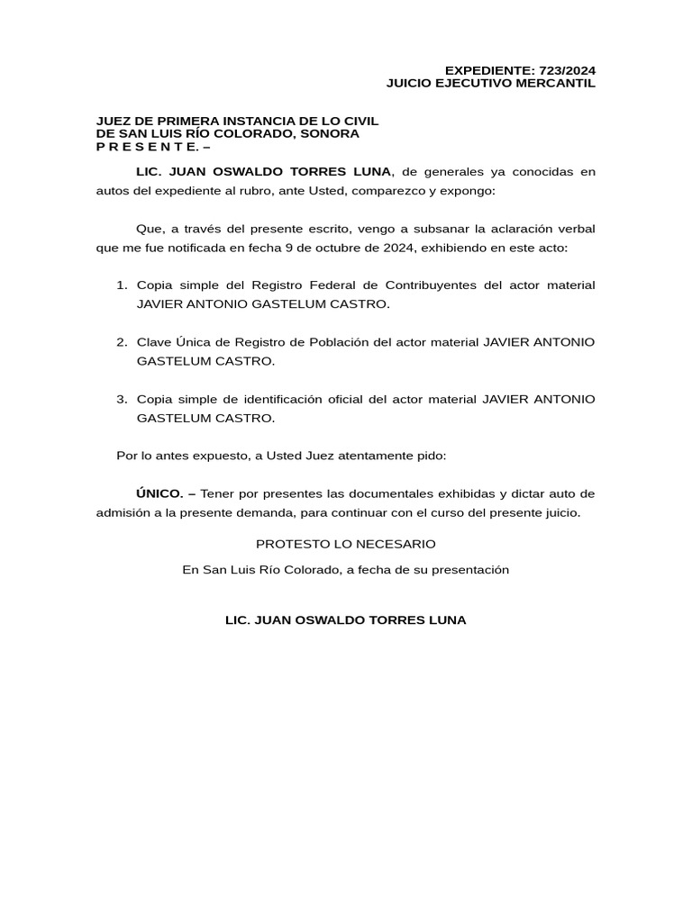 Subsana Aclaraciã - N Verbal Asunto Gastelum | PDF