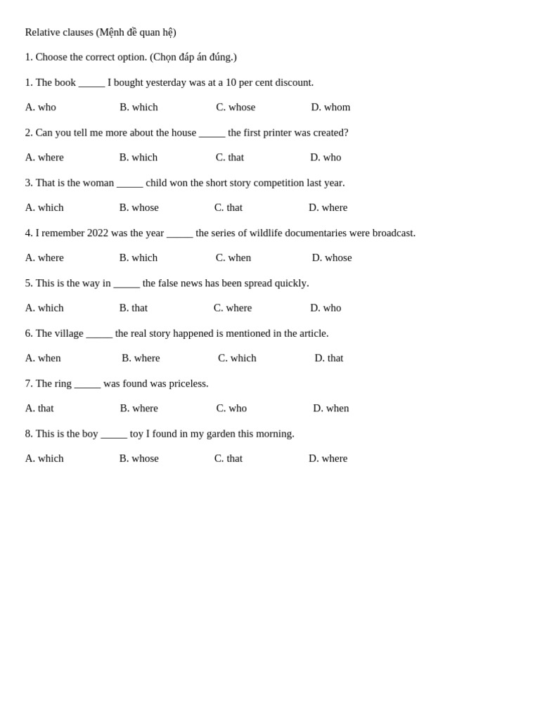Relative Clauses Exercise Questions | PDF